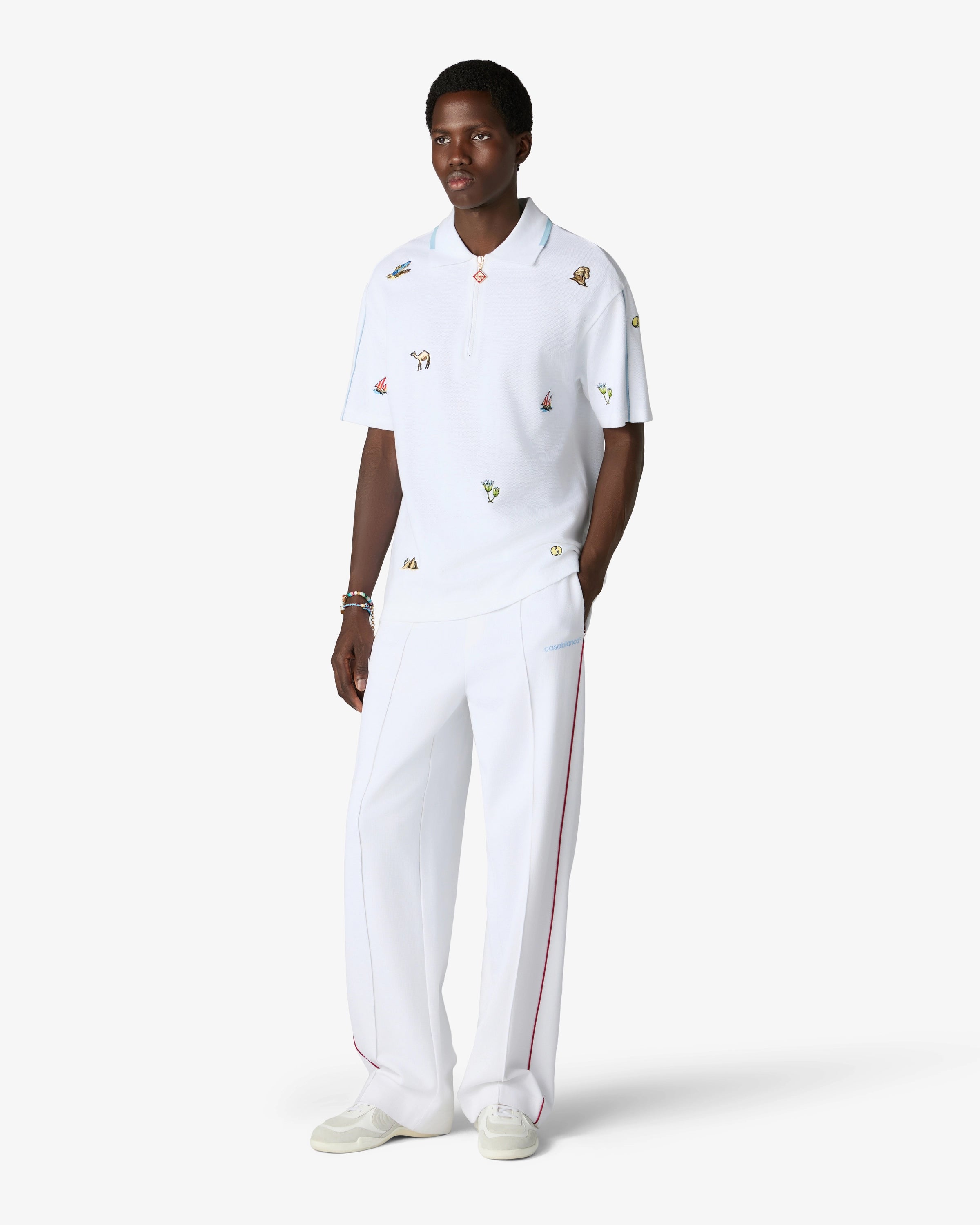 CASABLANCA white icon quarter zip embroidered short sleeve polo shirt 